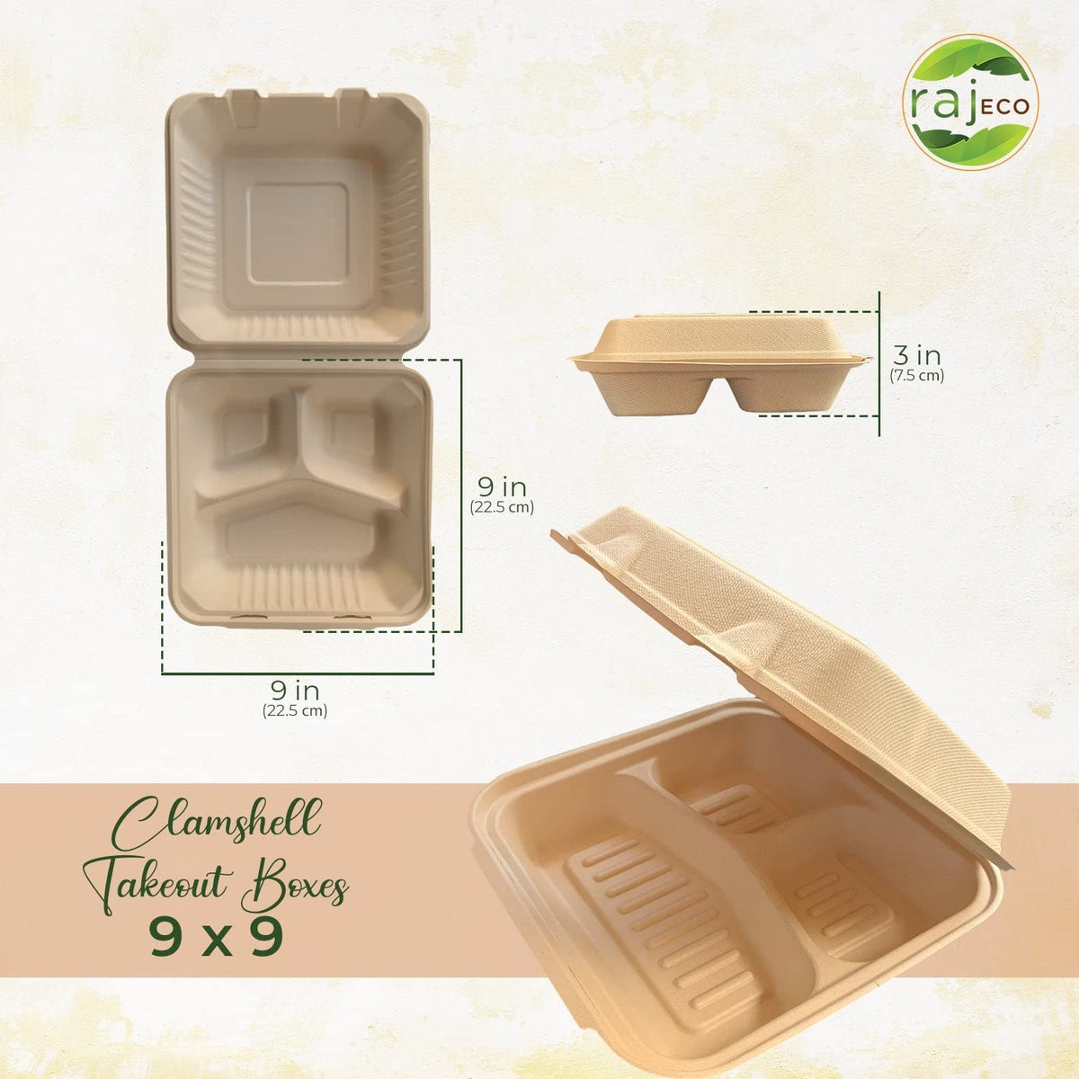 Raj Eco Bagasse 9" x 9" Clamshell Takeout Containers- 100 Pack- Compos ...