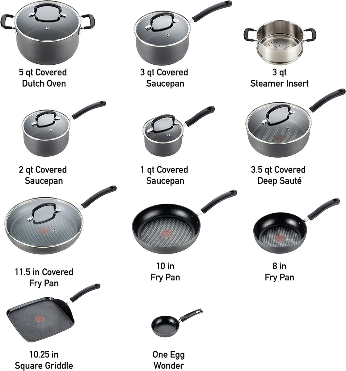 T-fal Ultimate Hard Anodized Nonstick 17 Piece Cookware Set, Black ...